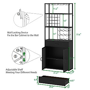 HSH Tall Bar Cabinet, Black Liquor Cabinet with Drawer, Large Modern Wine Cabinet with Storage Shelf and Wine Rack, Industrial Wood Coffee Bar Cabinet for Home Kitchen Living Room, Black Oak, 77 in