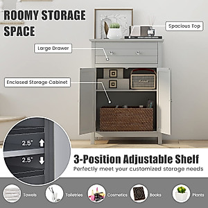 COSTWAY Bathroom Floor Cabinet, Wooden Side Storage Organizer w/Larger Drawer, Adjustable Shelf & 2-Door Cupboard, Freestanding Storage Cabinet for Living Room, Kitchen, Entryway (Grey)