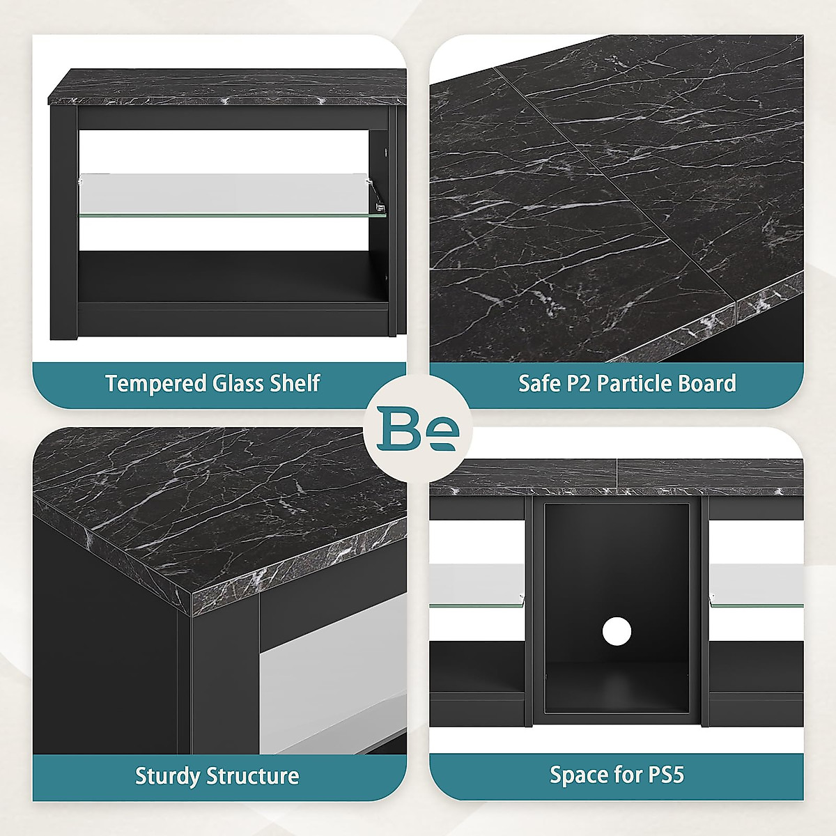 Bestier TV Stand for 70 inch TV with Power Outlets, LED Entertainment Center for PS5, Gaming TV Consoles with Glass Shelves for Living Room, 63'' Inch, Black Marble