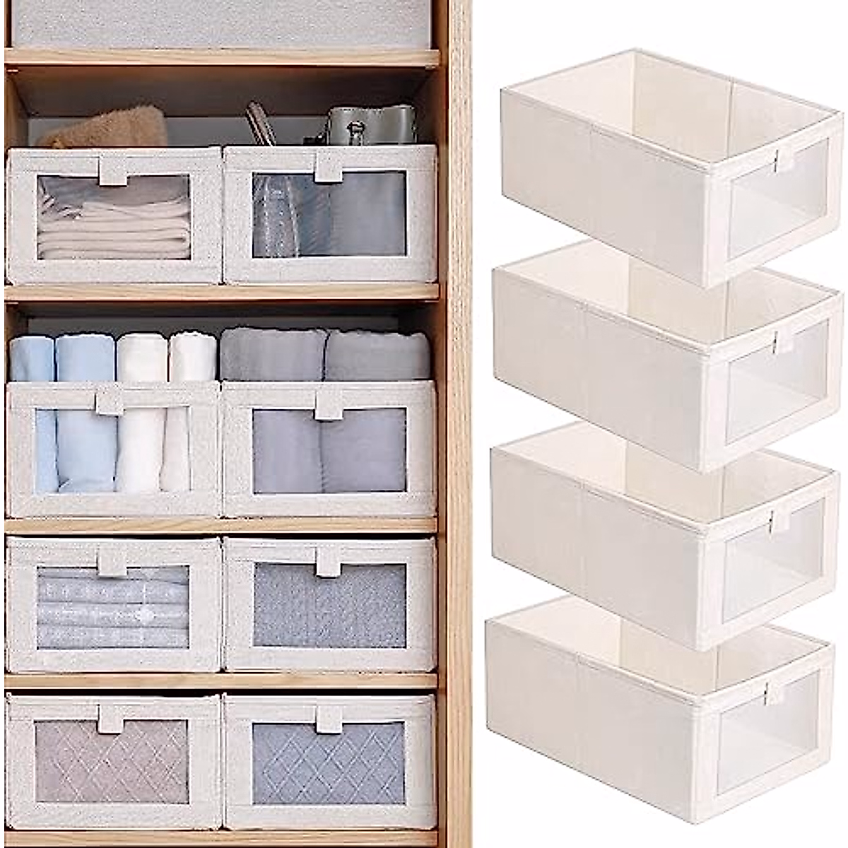 BDZBREN 4Pack Linen Storage Bins，Storage Containers for Organizing Clothing, Jeans, Toys, Shelves, Closet, Wardrobe - Closet Organizers and Storage，Foldable Large Storage Boxes Baskets with Window