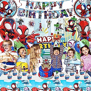 Spidey and Friends Birthday Decorations Include Banner, Backdrop, Balloons, Hanging Swirls, Cake Cupcake Toppers, Tablecloth for Spidey and His Amazing Friends Birthday Decorations