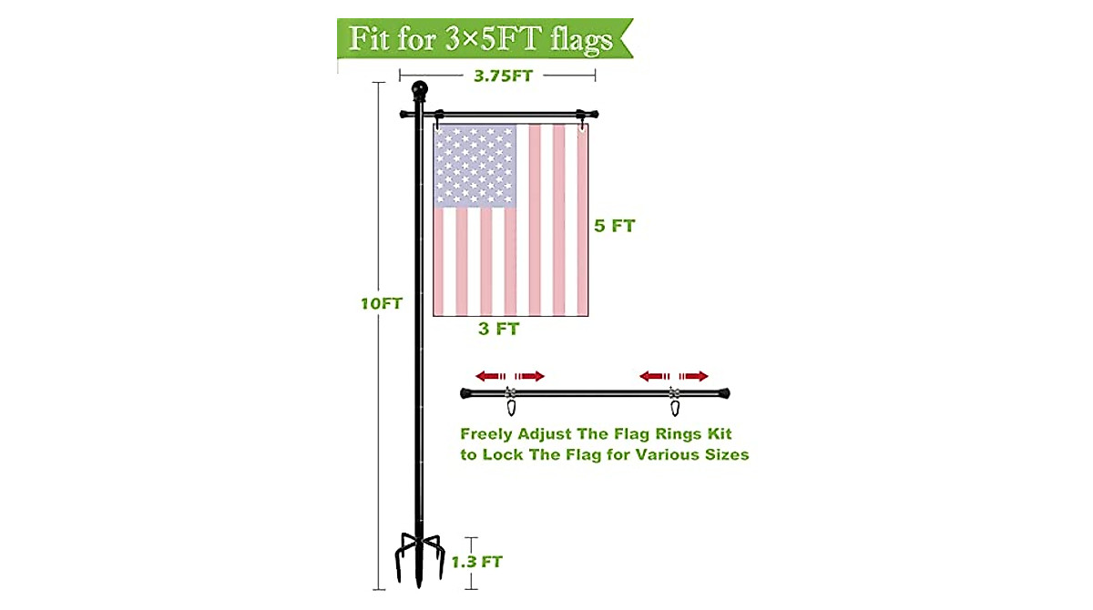 Koutemie 10FT Garden Flag Pole Stand with 5 Prong Base for 3x5 American ...