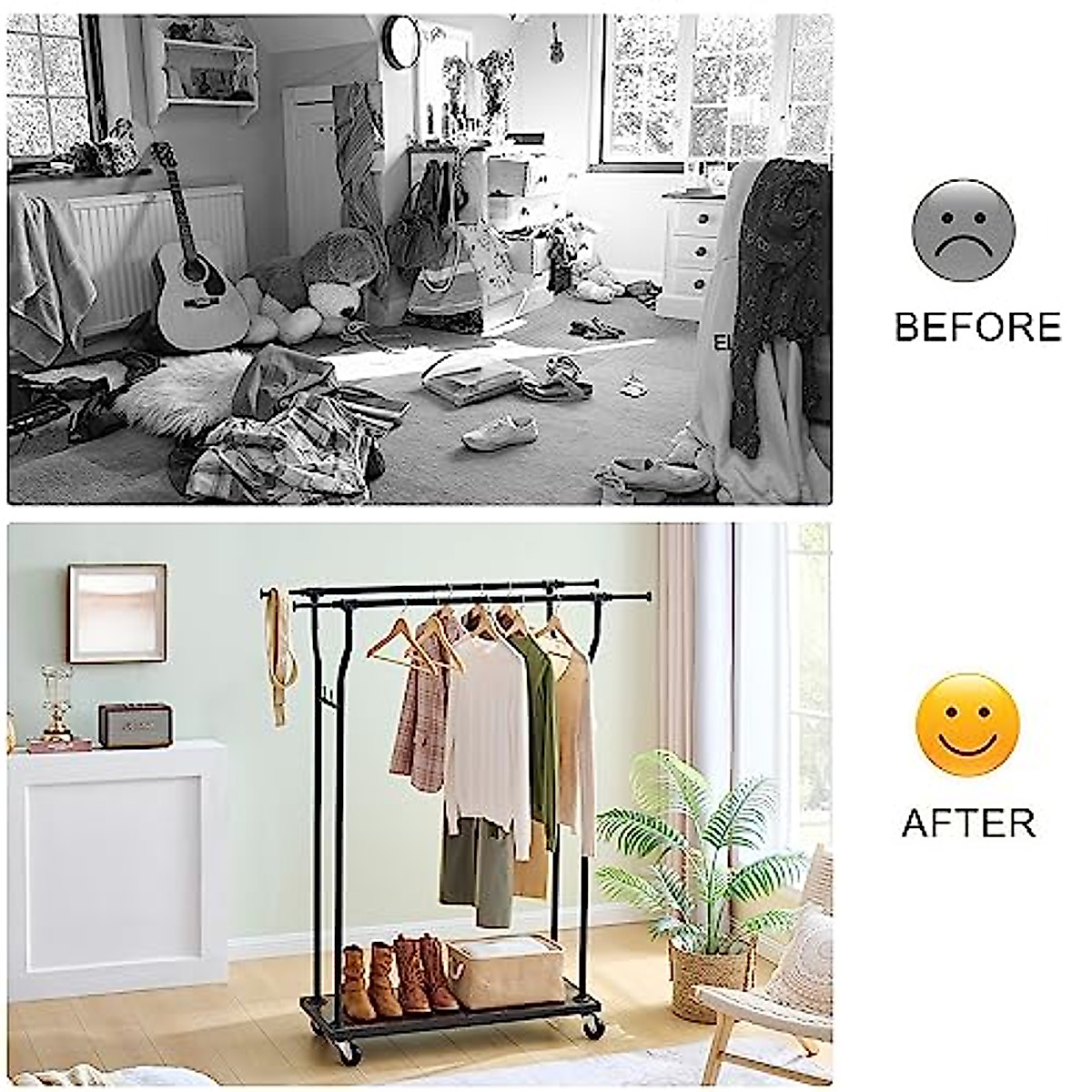 Hoctieon Heavy Duty Double Rod Clothing Racks for Hanging Clothes,Extensible Garment Rack With Wheels,Clothes Rack with Wooden Bottom Shelves