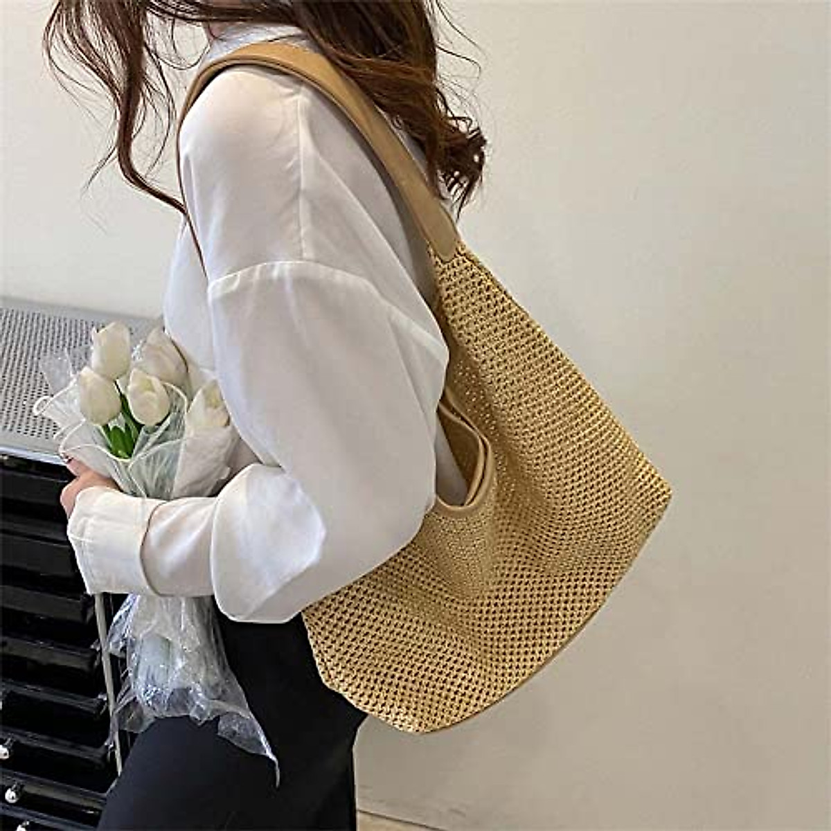 Straw Bag for Women Summer Beach Bag Soft Rattern Woven Tote Bag Large Straw Shoulder Bag for Vacation Casual