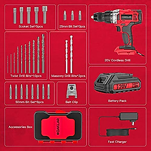 OAKLAR 20V Cordless Electric Power Drill, 450In-lbs, 1/2" All-Metal Chuck, Variable Speeds, 16+1+1 Torque Setting, 2.0Ah Battery and Charger, Hammer Drill Set for Concrete, Metal, Wood