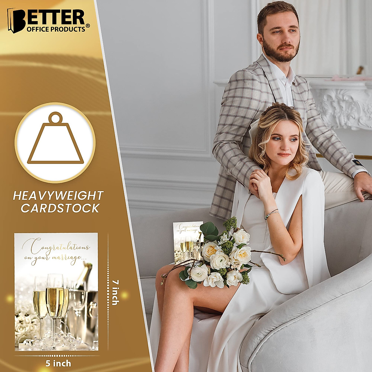 Better Office Products Wedding Congratulations Card with Metallic Gold Foil and Gold Shimmer Envelope, Classic 5 x 7 Inch Size, Heavy Cardstock, High Gloss Finish