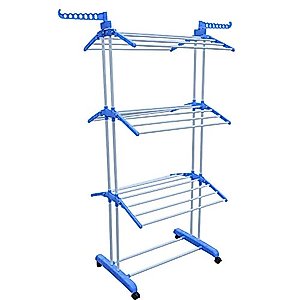 TFCFL 66” 3 Tier Clothes Drying Rack, Upthehill Collapsible Rolling Stainless Laundry Dryer Hanger with Foldable Wings and Casters Collapsible Garment Laundry Rack for Indoor/Outdoor (Blue)