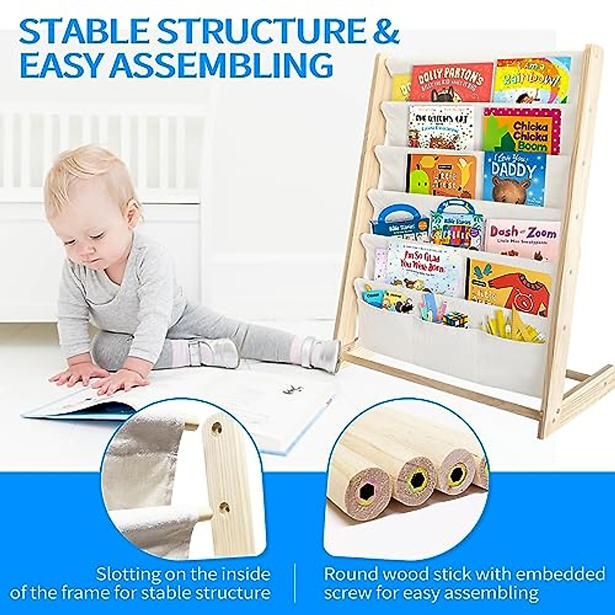 EXPERLAM Kids Book Shelf, 5-Tier Wood Kids Book Rack Storage Bookshelf, Kids Sling Bookshelf for Kids Room Toddler Baby Bedroom Living Room, Beige…
