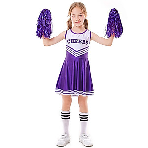 LOLANTA Girls Cheerleader Costumes Dresses Cheerleading Outfit Cheer Uniform with Pom Poms(10-12, purple)