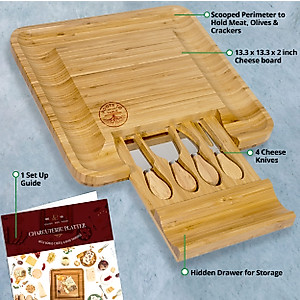 Roots To Table Bamboo Cheese and Charcuterie Board Set. This Cheese Board Set is a Perfect Cheese Platter and Charcuterie Board Gift Set Idea. Slide-Out Drawer Contains Stainless Steel Knife Set.