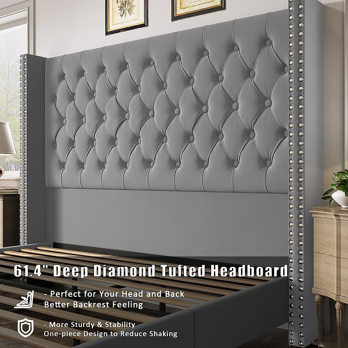 PaPaJet King Size Bed Frame 61.4" Tall Headboard Upholstered Velvet Platform Bed with Handmade Deep Button Tufted/No Box Spring Required/Grey