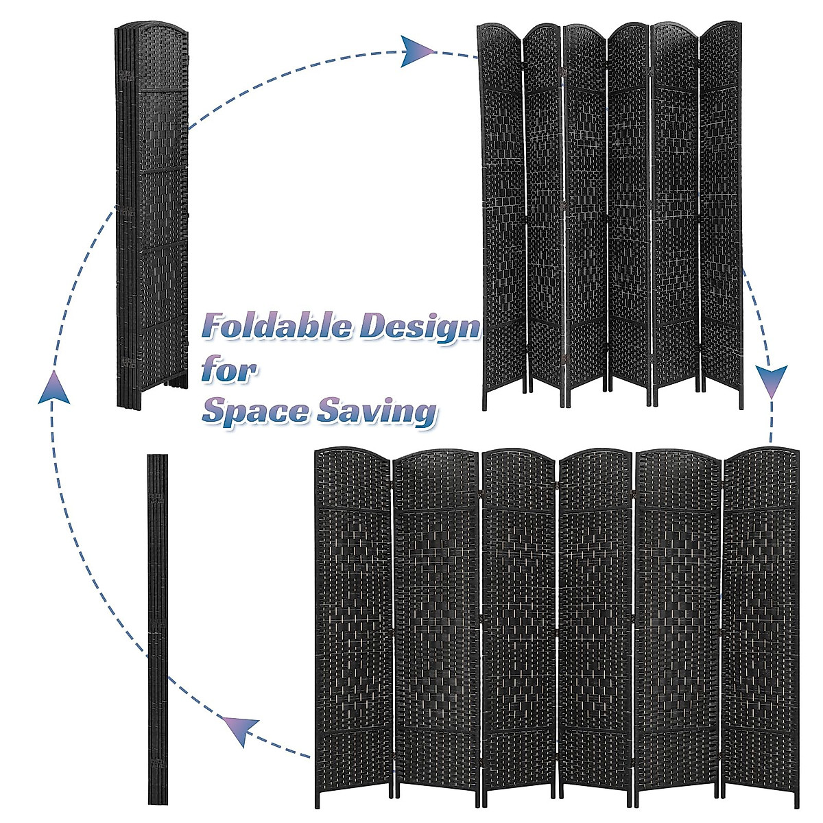6 Panel Room Divider Folding Privacy Screens 6 FT Tall Wall Divider Indoor Portable Partition Wood Room Screen, Black