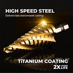 toolant Four Sprial Flute Step Drill Bit, 3/16"-7/8" Impact Ready Titanium Coated Unibit Step Bit, 1/4" Hex Shank Unibit for Metal, Stainless Steel, Aluminum, Wood, Plastic