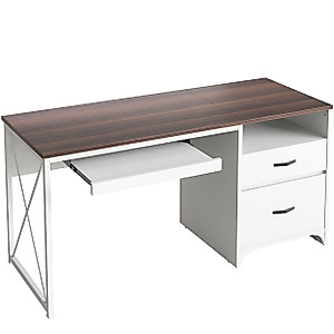 Bestier Office Desk with Drawers, 55 inch Industrial Computer Desk with Storage, Wood Teacher Desk with Keyboard Tray & File Drawer for Home Office, Walnut