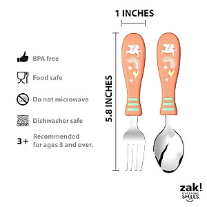 zak! Unicorn - 5-Piece Dinnerware Set - Durable Plastic & Stainless Steel - Includes Water Bottle, 8-Inch Plate, 6-Inch Bowl, Fork & Spoon - Suitable for Kids Ages 3+
