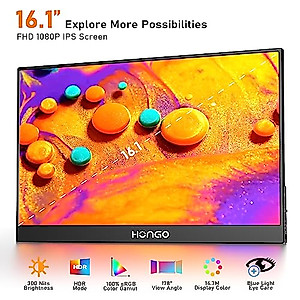 HONGO 16.1" Portable Monitor, FHD 1080P IPS Laptop Monitor Dual USB C HDMI Travel Monitors Portable Gaming Monitor with Dual Speakers, Second External Monitor for PC Phone PS5/4 Xbox Switch