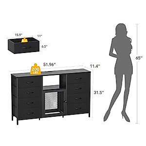 Decofy Dresser for Bedroom with LED Lights and Power Outlets, 8 Drawers TV Stand Dresser for 65 Inch TV, Fabric Chest of Drawers with Open Shelves, Black Dressers for Bedroom, Closet