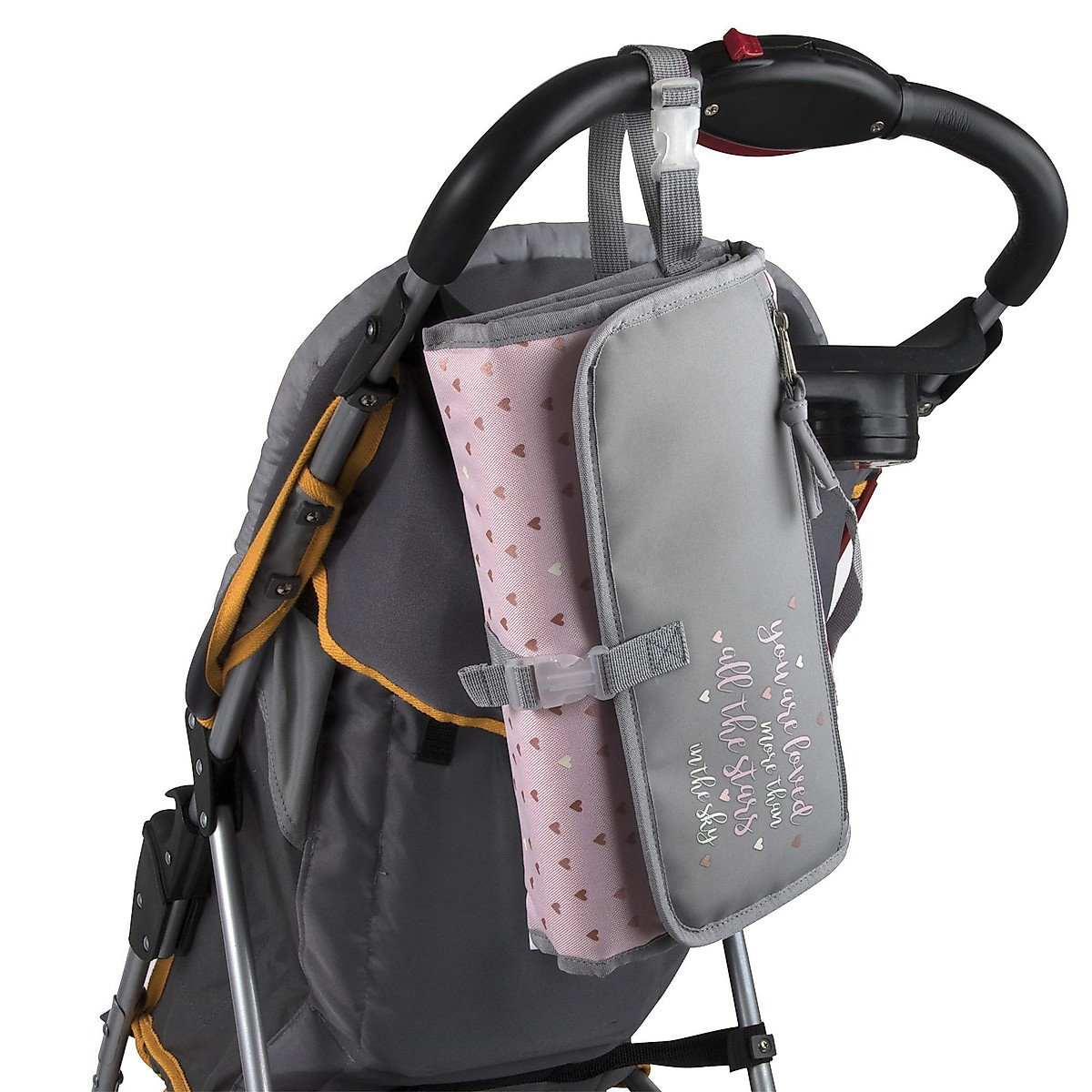 Baby Diaper Bag Tote 5 Piece Set with Pink Hearts, Saying, and Baby Portable Changing Pad, Diaper Bag, Travel Mat Station Gift Set