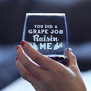 Grape Job Raisin Me - Stemless Wine Glass for Mom - Cute Funny Wine Gift Idea - Unique Personalized Glasses for Mother's Day or Birthday