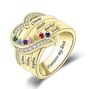 Her Gift Personalized Mother Rings with 1-8 Birthstones Heart Family Ring Custom Engraved Name Ring for Mom Women Grandma Wife (7 Names & Birthstones)