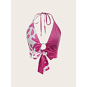 Verdusa Women's Cow Print O Ring Deep V Neck Tie Backless Crop Halter Top White Hot Pink S