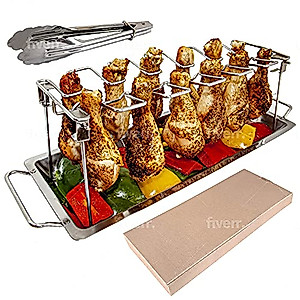 Chicken Leg Rack for Grill, Smoker or Oven; Great for Chicken Legs, Wings, or Drumsticks; Stainless Steel; Non-Toxic Drumstick Holder; Comes in a Box with Grill Drip Pan for Vegetables and Grill Tongs