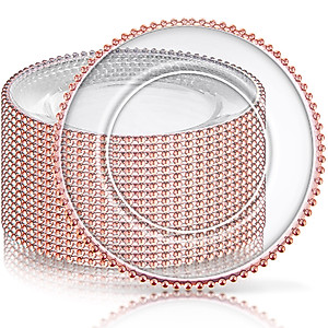 18 PCS Clear Charger Plates with Beaded Rim 13 Inch Plastic Round Charger Plates Bulk Acrylic Round Dinner Plate Chargers Decorative Plates for Home Kitchen Party Wedding Tabletop Decor(Rose Gold)