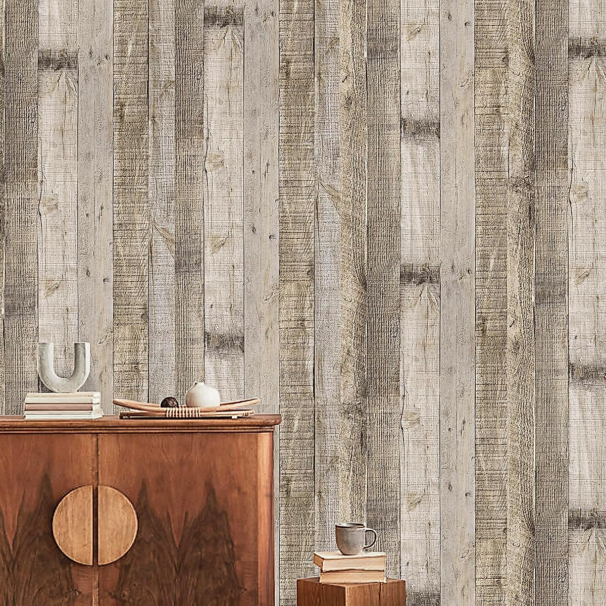 Anmon Wood Contact Paper 17.7" x 118" Peel and Stick Wallpaper, Grey Distressed Wood Wallpaper Shiplap Self Adhesive Removable Wall Paper, Wood Look Plank Rustic Natural Contact Paper for Wall