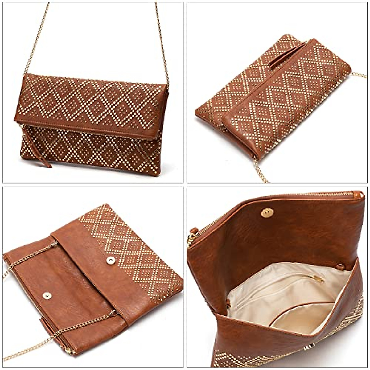 NOL Natural Organic Lifestyle Women Crossbody Bag Shoulder Handbag Evening Clutch Purse with Studs Chaine Strap (Brown)