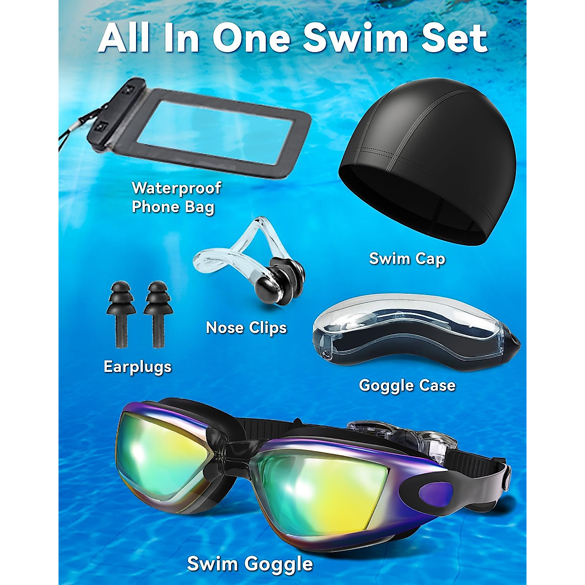 POOLWALD Swim Goggles Set 6 in 1, Anti-Fog Swimming Goggles with Nose Clips, Earplugs, Swim Caps and Waterproof Phone Bag, No Leaking Full Protection for Adult Men Women Youth