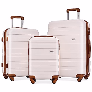 Merax 3 Piece Expandable ABS Hardshell Luggage Sets Spinner Wheel Suitcase TSA Lock Suit Case, Pink/Brown, 20/24/28 Inch
