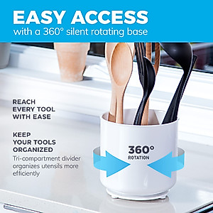 Rotating Extra Large White Plastic Utensil Holder Caddy with Sturdy No-Tip Weighted Base, Removable Divider, and Gripped Insert - Dishwasher Safe Kitchen Utensil Holder for Countertop
