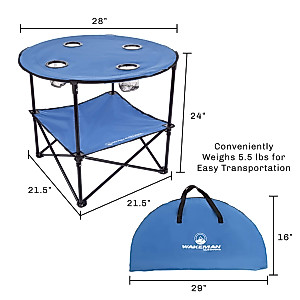 Wakeman Camp Table - Round 2-Tier Folding Table with 4 Cupholders and Carrying Bag - for Camping, Beach, Picnic, Sporting Events, and More Outdoors,Blue