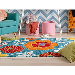 Well Woven Modern Rug Daisy Flowers Blue 3'3" x 5' Floral Accent Area Rug Entry Way Bright Kids Room Kitchen Bedroom Carpet Bathroom Soft Durable Area Rug