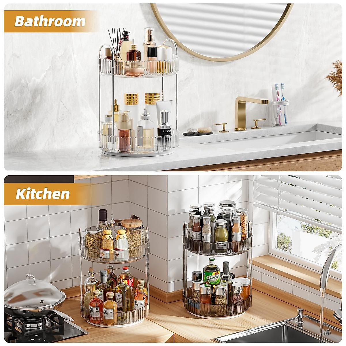 VITVITI Rotating Makeup Organizer Countertop for Vanity, 2-Tier Large Skincare Perfume Organizer for Dresser, Clear Bathroom Cosmetic Display Cases for Skin Care/Lotion/Lipstick, Plastic