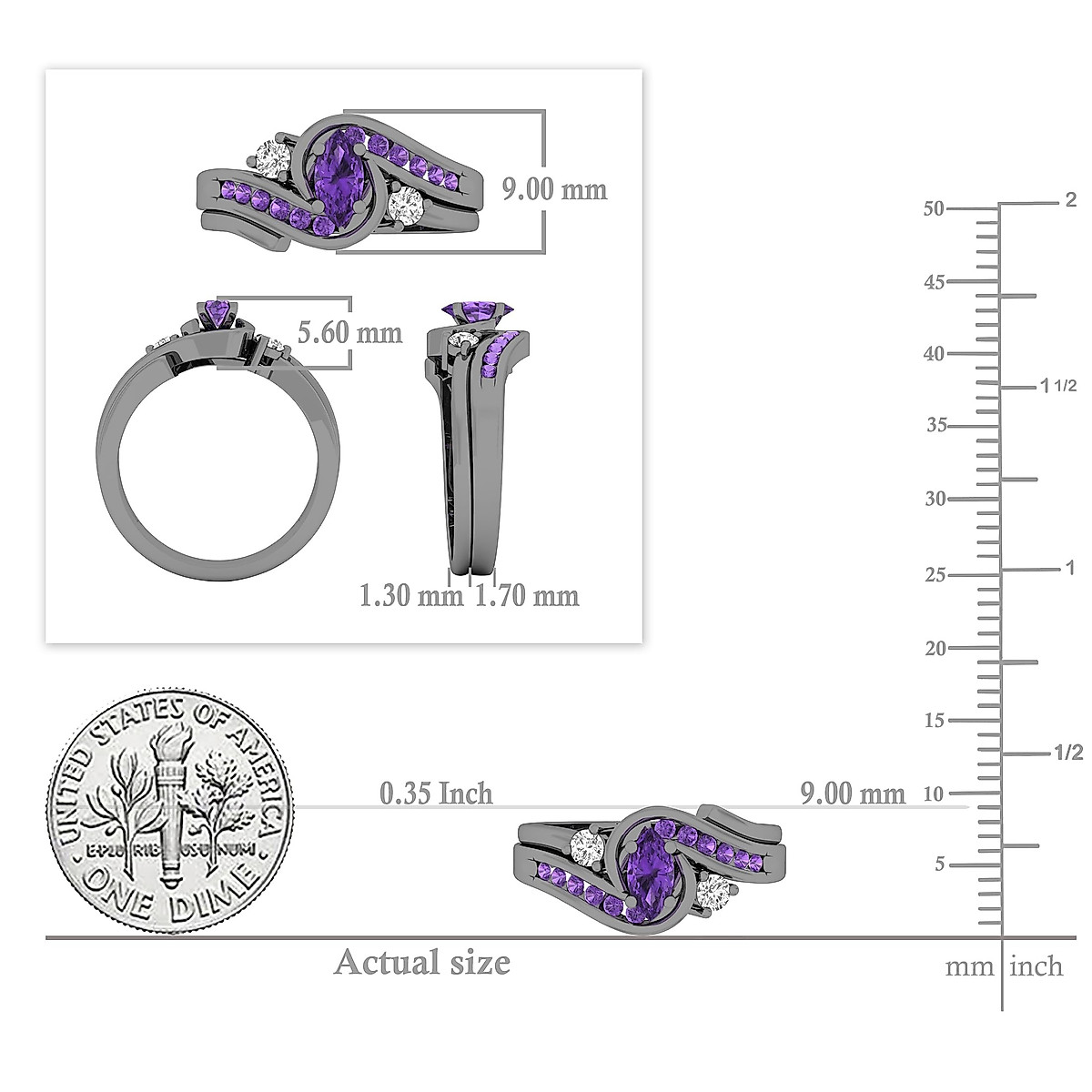 Dazzlingrock Collection Black Rhodium Plated 6X3 MM Marquise Amethyst, Round Amethyst and Diamond Set, 14K White Gold, Size 10