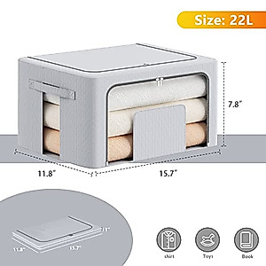 FAikhom 3 Pack Stackable Storage Bins- Foldable Metal Frame Storage Box Oxford Fabric Stackable Clothes Container Organizer with clear Window & Carry Handles (22L, Grey)
