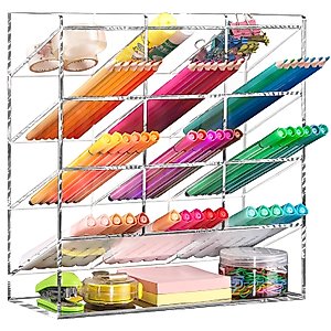 BEYGORM Acrylic Vertical Marker Organizer for 150 Markers,Angled Pen Holders Desktop Organization,Clear Large Stationary Pencil Holder for Desk,Art Supply Storage Organizers for School Supplie