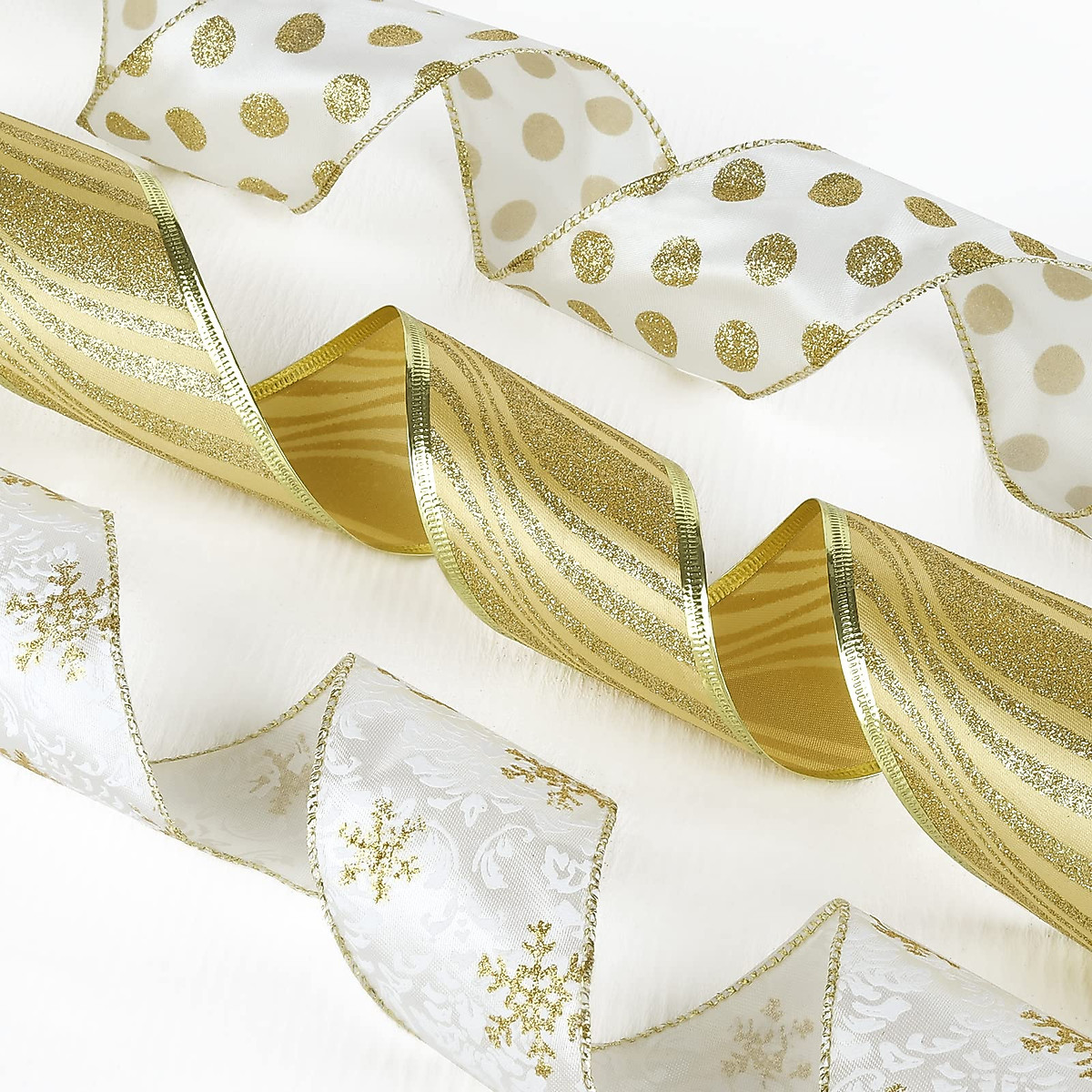 Arquiel 6 Rolls Christmas Ribbon Wired, 2.5" x 6 Yards Gold Ribbons Ornaments with Glitter for Xmas Tree Gift Wrapping Bow Decoration, White & Gold Ribbons