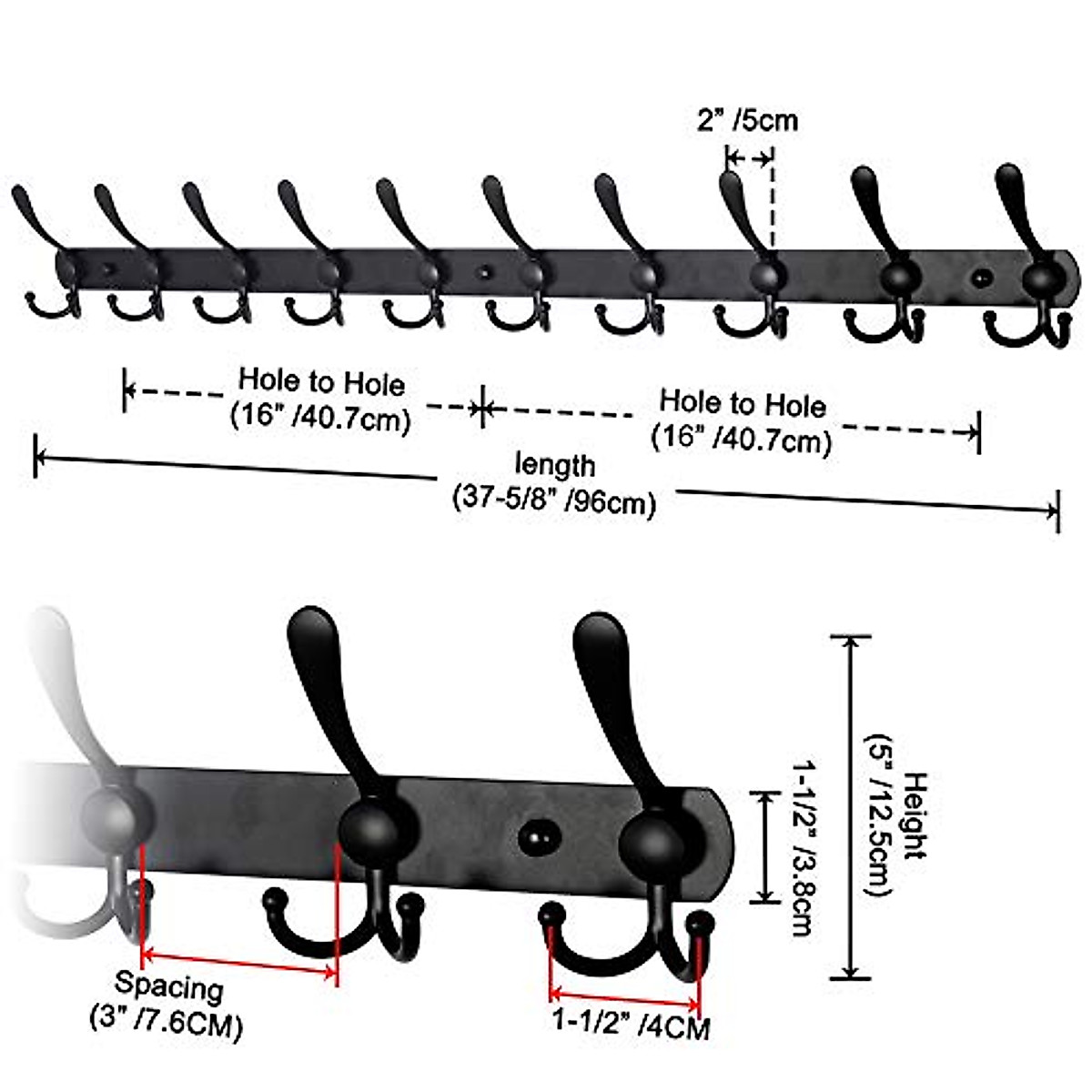 Dseap Coat Rack Wall Mount - 38” Long 10-Tri-Hooks Heavy Duty Coat Hanger Rail Wall Hooks for Hanging Coats Hats Clothing Clothes Purse Mudroom Entryway, Black