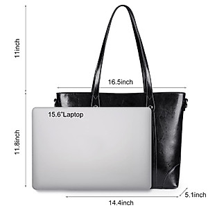 S-ZONE Leather Tote Bag for Women Office Shoulder Handbag 15.6 Inch Work Laptop Briefcase (Black)