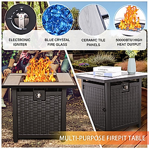 Outdoor Patio PE Wicker 5 Piece Furniture Set, Black Rattan Sectional Conversation Sofa Chair with Square Propane Fire Pit Table, Khaki Cushion