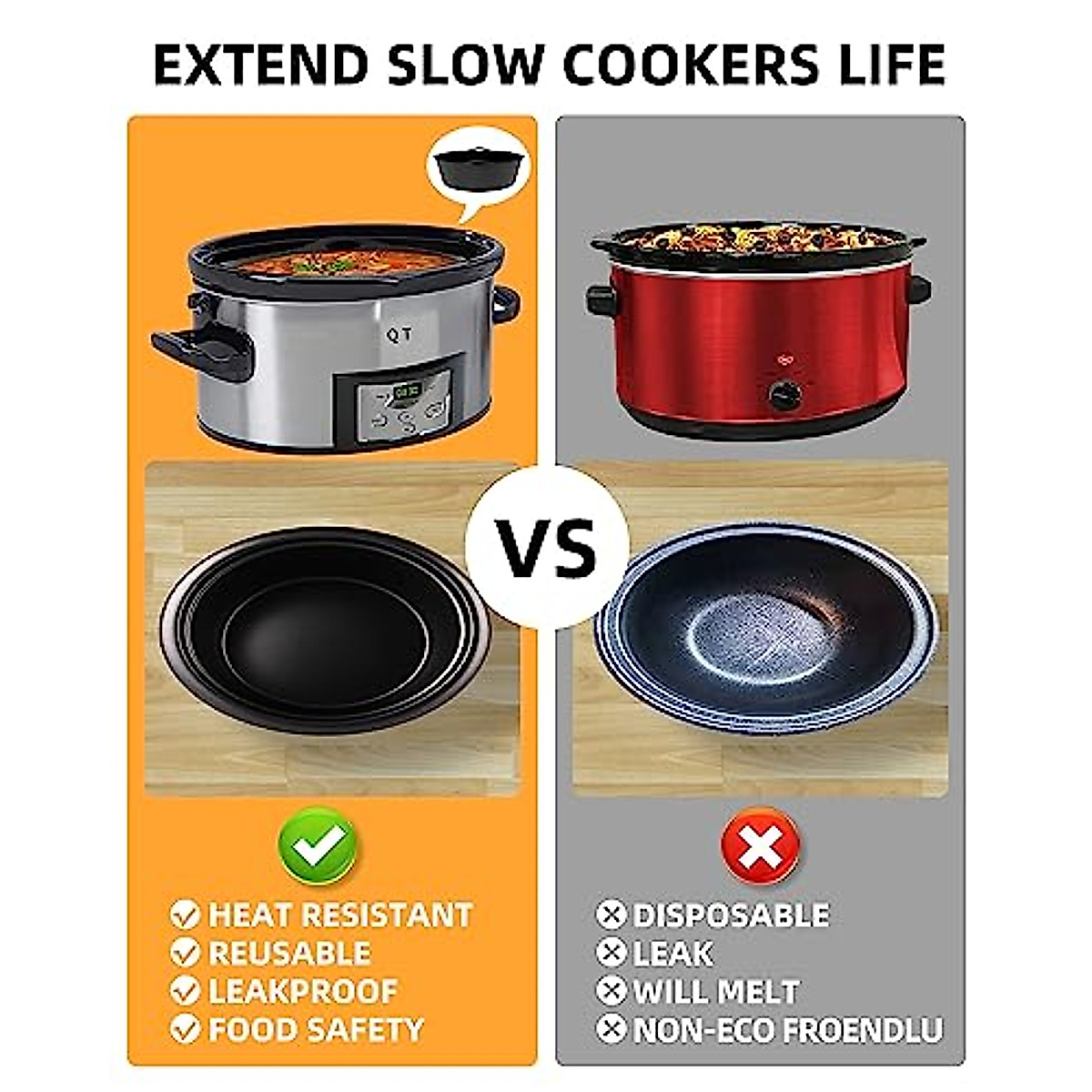 Ziimlpo Silicone Slow Cooker Liners Divider for 7-8 Quart Oval Crockpot, Reusable and Leak-proof Slow Cooker Divider Liner, BPA Free (Black）