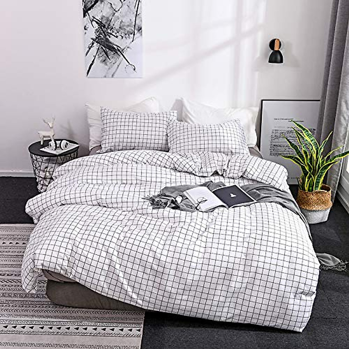 Fire Kirin Queen Duvet Cover Set with Zipper Closure 3Pcs (1 Duvet Cover + 2 Pillowcases) Modern Mini Black and White Grid Checkered Pattern Bedding Cover Set