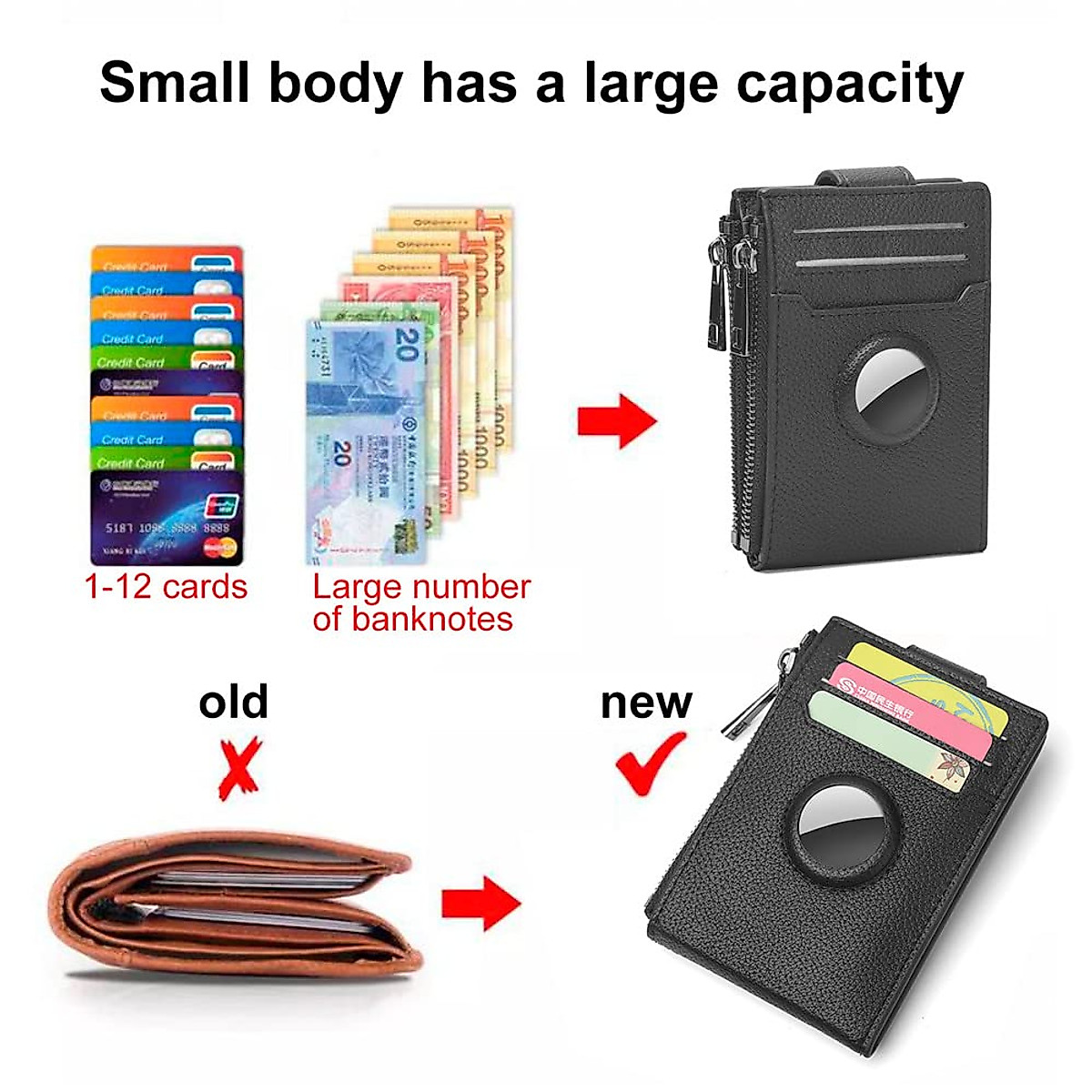 Womens AirTag Wallet, Genuine Leahter Bifold Credit Card Holder Wallet for Women, Slim Multi Card Case Zipper Coin Purse, Thin Leather Card Wallet with Zipper Pocket (Black)