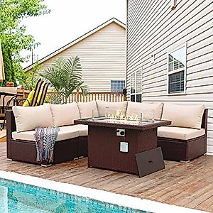 NICESOUL® Luxury High Back Extra Large Size PE Wicker Patio Furniture Sectionals 6 Pcs Outdoor Couch Sets with Fire Pit Table CSA Approved Espresso