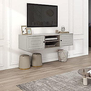 HAUSHECK Modern Floating Stand for 65 Inch TVs with 2 Large Storage, 3 Levels Adjustable Shelves, Cable Management & Magnetic Cabinet Door, Wall Mounted Entertainment Center Media Console, Beige