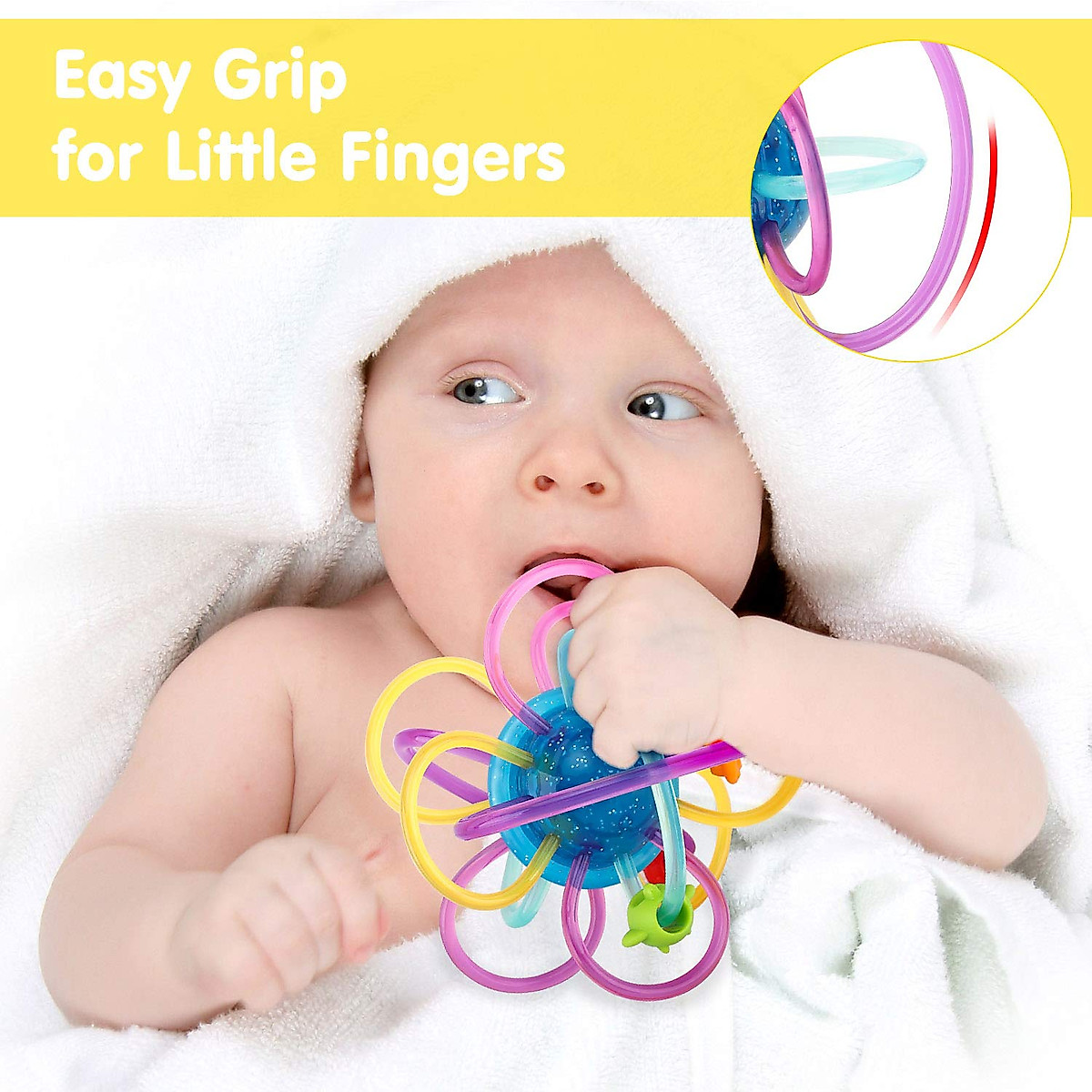 Zooawa Baby Teether, Soft Rattle and Sensory Ball Teething Toy for Pain Relief, BPA-Free Teether Ball Rattle Toy for Infants and Toddlers All Ages, Easy to Hold, Translucent