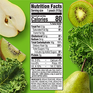 Happy Tot Organics Stage 4 Baby Food Pouches, Gluten Free, Vegan Snack, Fiber & Protein Fruit & Veggie Puree, Pears, Kiwi & Kale, 4 Ounce (Pack of 16)