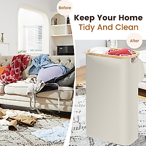 Slim Laundry Hamper with Lid 60L, Dirty clothes Hamper for Laundry Basket Collapsible, Thin Laundry Hamper with Removable Bag & Bamboo Handles, Narrow Laundry Hamper for Small Space